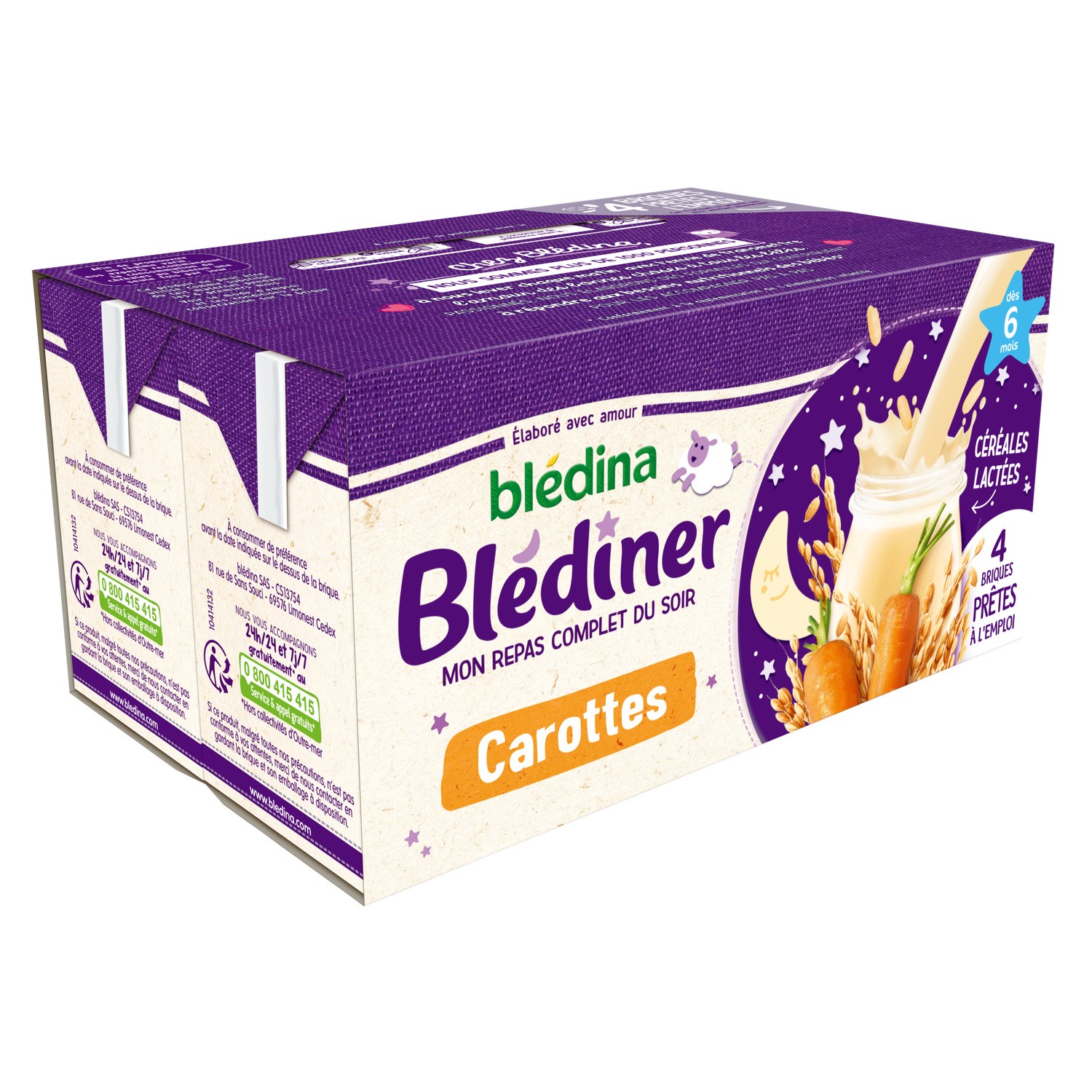 Bledina Blediner Lait et céréales bébé dès 6 mois, carottes 4x250ml ...